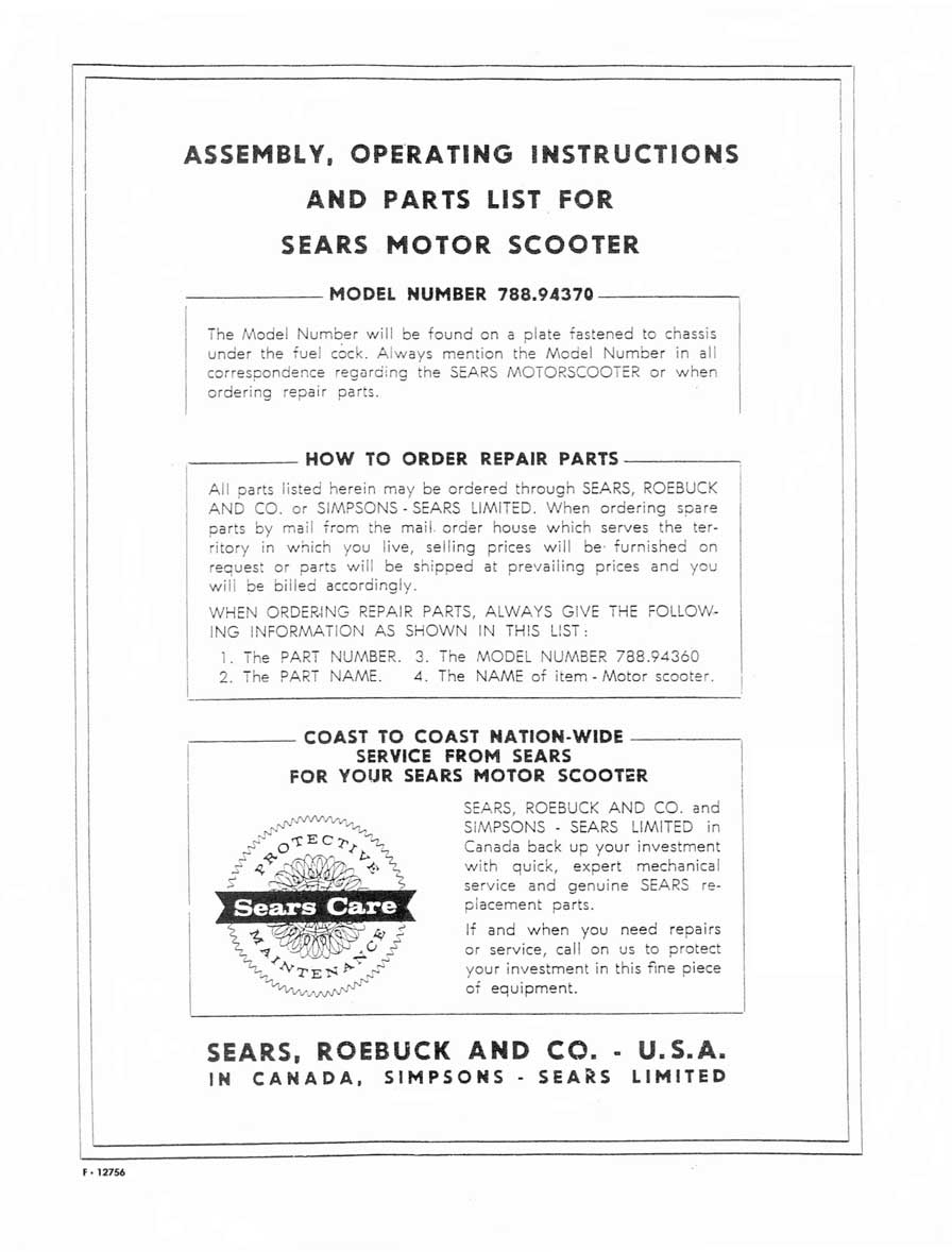 Allstate Cruisaire Operating Instructions and Parts List Manual | Sears ...