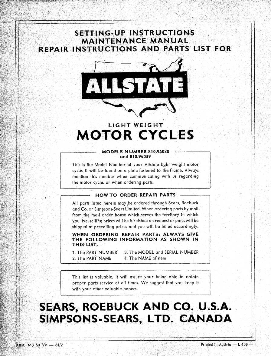 Allstate Mo-Ped Setting-Up, Maintenance, Repair and Parts List Manual ...