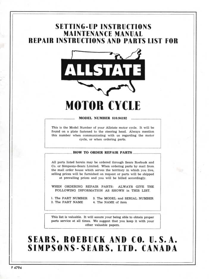 Allstate 150 Setting-Up, Maintenance, Repair and Parts List Manual ...